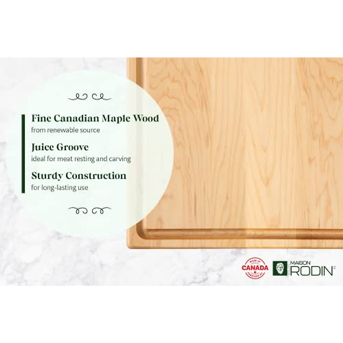 MAISON RODIN Large Wood Cutting Board 16"x12"x3/4", Canadian Maple Wood, Carving & Chopping Wooden Board with Juice Groove, Made in Canada, Charcuterie boards, Kitchen Essentials