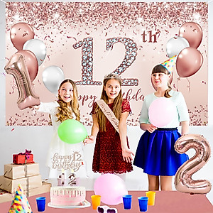 Trgowaul 12th Birthday Decorations Party Set for girls, Rose Gold 12 Birthday Banner and Tablecloth, 12& Fabulous Sash and Tiara, 1PC Happy 12th Birthday Cake Topper, Pink Gold 12 Number Balloons