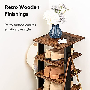 HOOBRO Vertical Shoe Rack, 8 Tier Shoe Storage Organizer with Hooks, Narrow Shoe Rack for 8 Pairs, Space Saving, Stable and Strong, for Entryway, Living Room, Bedroom, Rustic Brown BF07XJ01G1