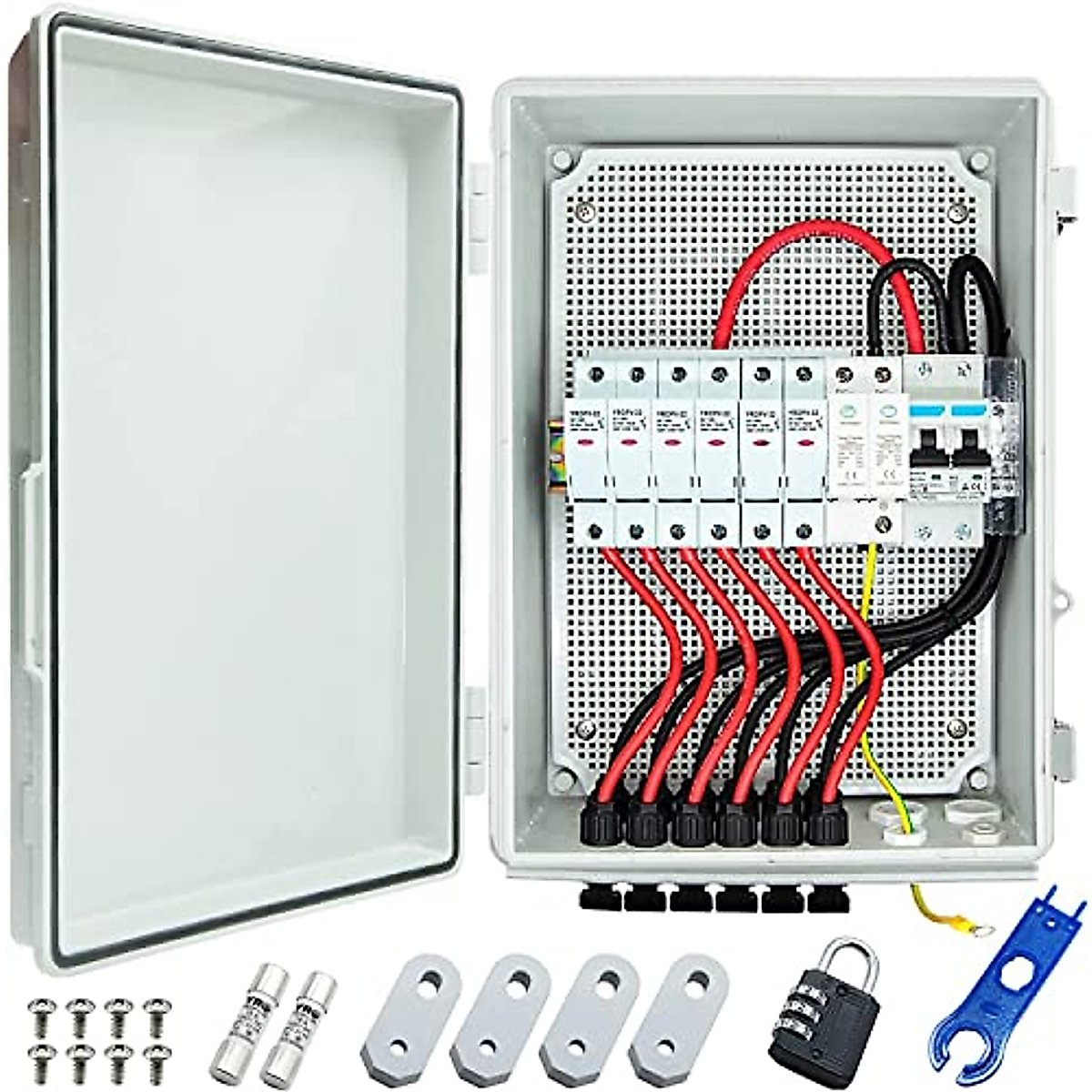 YUUCOO New Upgraded 6 String PV Combiner Box for On/Off Grid Solar Panel System, Solar Combiner Box with 15A Rated Current Fuse, 63A Air Circuit Breaker, Surge Protective Device