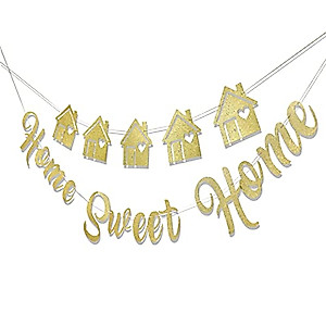 Home Sweet Home Banner - Glitter Gold Housewarming Party Decorations Baner，welcome Home Sign，welcome Home Sign Bunting for Party Decor Family Gathering Photo Booth Props，garland Bunting Script Lettering Decoration Military Missionary Welcome Home Homec