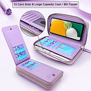 Lacass Compatible with Samsung Galaxy A13 5G /4G LET Crossbody Chain Dual Zipper Detachable Magnetic Leather Wallet Case Cover Wristlets Wrist Strap 13 Card Slots Money Pocket(Floral Purple)