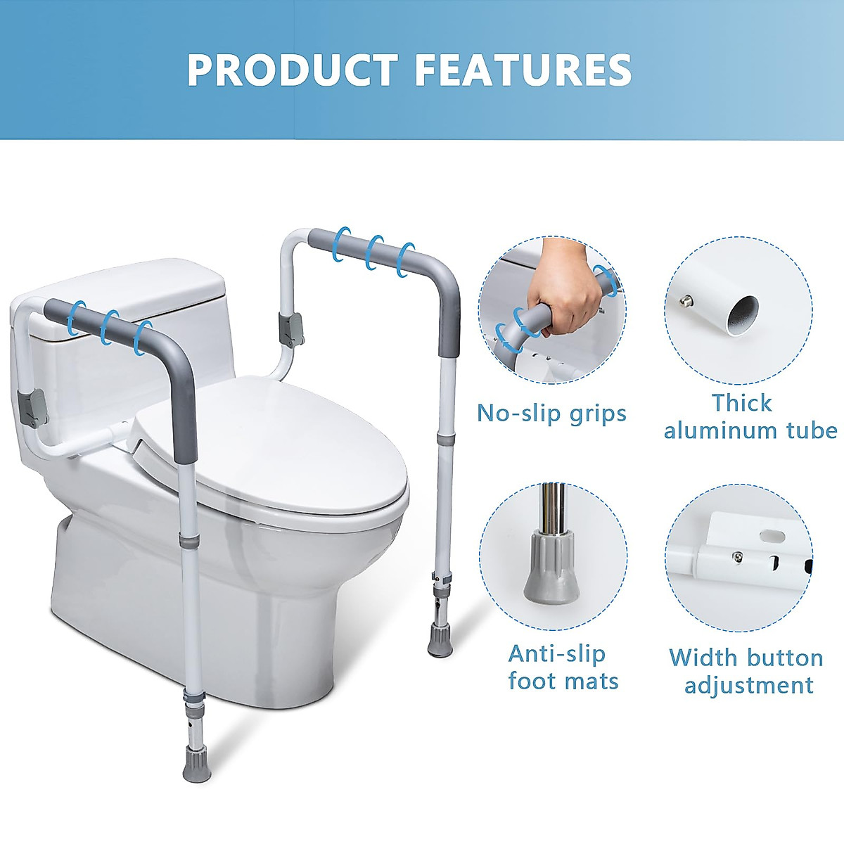 WeHwupe Toilet Safety Rails for Elderly Adults - Adjustable Bathroom Toilet Safety Frame with Handles - Stand Alone Toilet Grab Bar for Senior, Handicap & Disabled,Fits Most Toilets