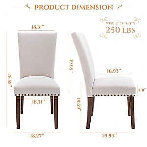 Parsons Dining Chairs Set of 6, Upholstered Nailhead Dining Room Kitchen Side Chair with Thick Cushions and Wood Legs, Beige