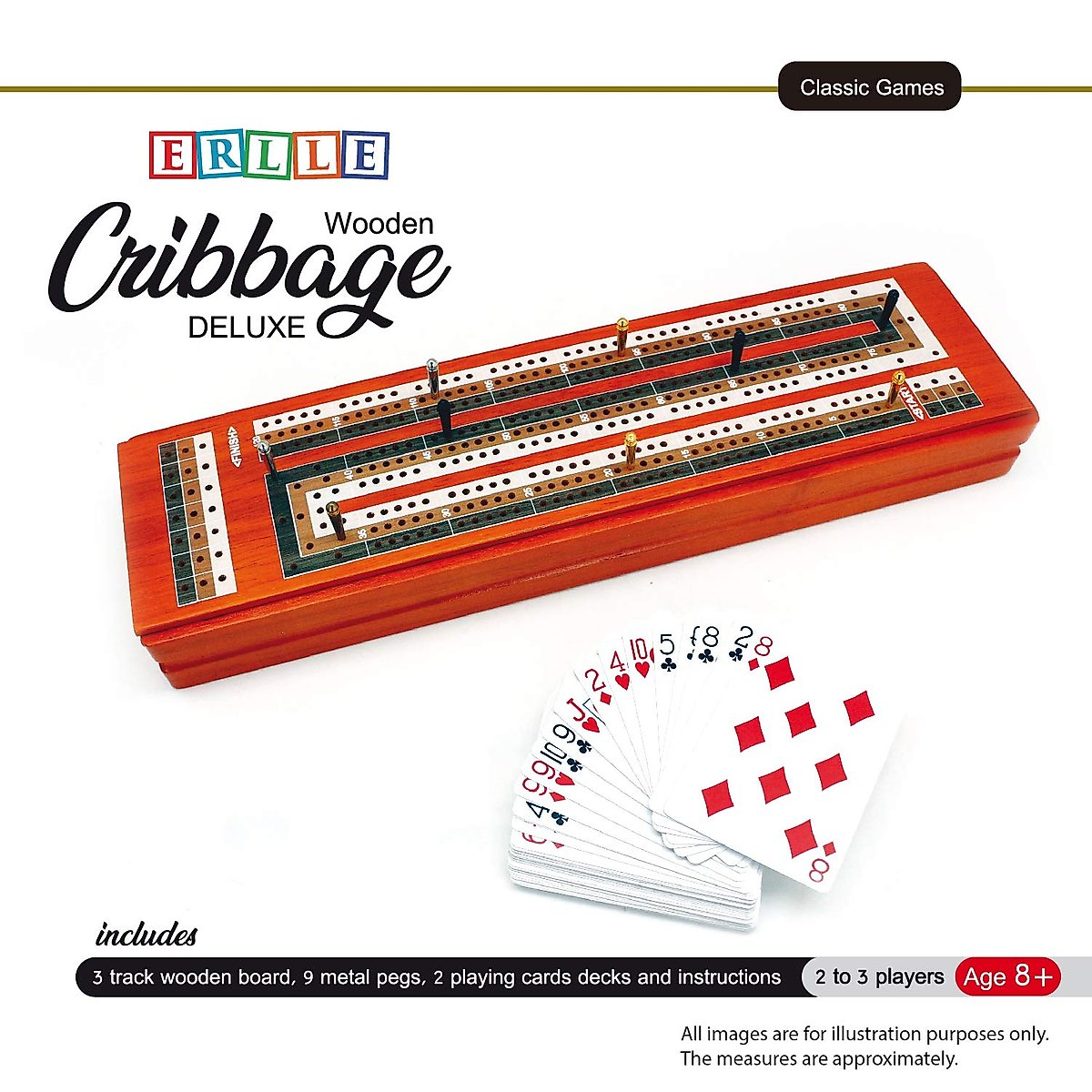 CRIBBAGE BOARD GAME SET. UNIQUE LARGE WOODEN CONTINUOUS 3 TRACK BOARD WITH LARGER STORAGE AREA, 9 METAL PEGS AND 2 DECKS OF PLAYING CARDS. TRAVEL PORTABLE CRIBBAGE PERSONALIZED BOARDS CARD GAME SETS