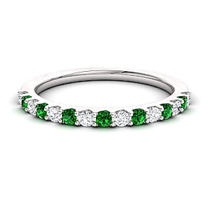 Diamondere Natural and Certified Emerald and Diamond Wedding Ring in 14K White Gold | 0.38 Carat Half Eternity Stackable Band for Women, US Size 8