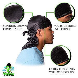 Veeta Superior Silk Durag - Smooth Silk Durag for Men & Women, Long Double Wide Straps, Outside Seam Triple Stitch Du Rag