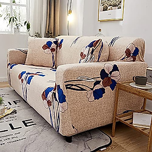 AMDXD 4 Seater Recliner Couch Cover 235-300cm, Polyester Furniture Covers Light Brown Dark Blue Flower Anti-Slip Super Stretch Sofa Cover Style 10