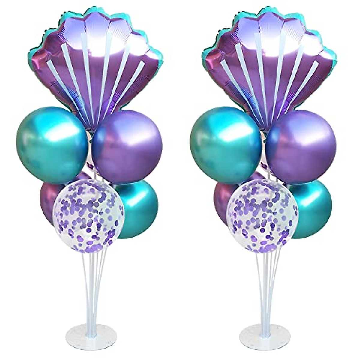 Mermaid Table Centerpiece Balloons Stand Kit 2 Sets with 2 Sea Shells Foil Balloons 14 Purple Blue Latex Balloons for Birthday Beach Mermaid Theme Sea Theme Party Mermaid Birthday Decorations