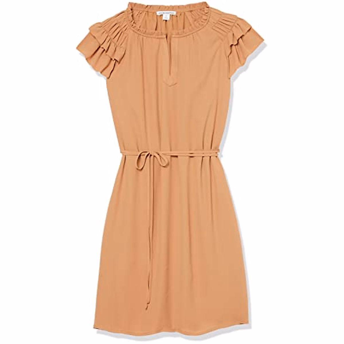 Amazon Essentials Women's Relaxed Fit Lightweight Georgette Split Neck Flutter Sleeve Shift Dress, Light Brown, Large
