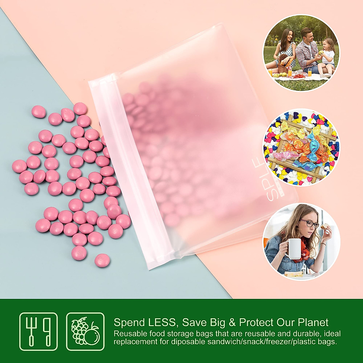 SPLF 8 Pack Dishwasher Safe Reusable Storage Bags (4 Half Gallon Freezer Bags, 4 Quart Sandwich Snack Bags), BPA FREE Stand Up Extra Thick Leakproof Silicone and Plastic Free Zipper Lunch Food Bags