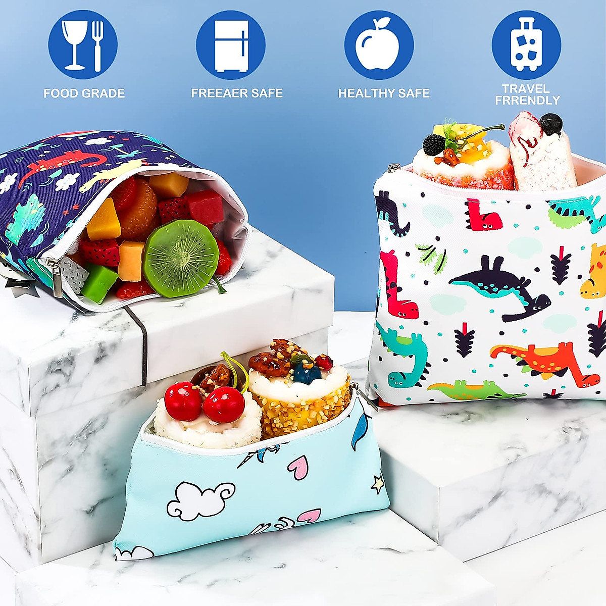 12 Pieces Reusable Snack Bags for Kids Zipper Snack Pouches Washable Silicone Sandwich Bags Food Safety Snack Bags Dual Layer Bag (Funny Style)