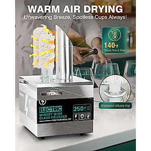 WantJoin Wine Glass Polisher Machine - 2 Brushes 250 Cups/Hour Commercial Electric Automatic Dryer with 304 Stainless Steel, 100% Cotton, 1150W High Power, 140°F Air Drying for Bar Restaurant Kitchen