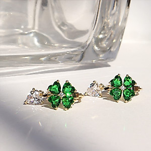 Sonateomber Sparkly Green Clover Leaf Small Gold Huggie Earrings for Women - Cute Heart Cubic Zirconia, Drop Dangle Circle Hoop Girl Cartilage Jewelry Gift