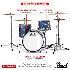 Pearl President Series Deluxe 3-piece 75th Anniversary Edition Shell Pack in Desert Ripple (#768) covered finish featuring 20"x14" Bass Drum w/Cymbal Holder, 12"x8" Tom, and 14"x14" Floor Tom