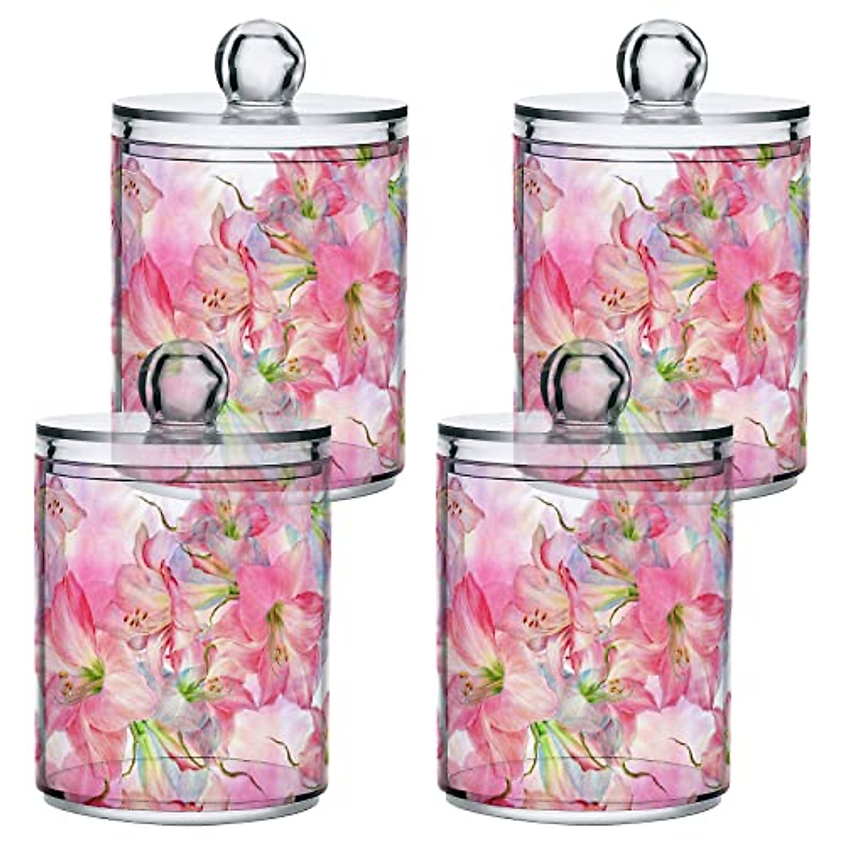 xigua 2 Pack Amaryllis Flowers Pink Apothecary Jars with Lid, Qtip Holder Storage Containers for Cotton Ball, Swabs, Pads, Clear Plastic Canisters for Bathroom Vanity Organization (10 Oz)