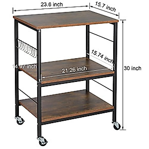Nightstands, Industrial Microwave Oven Stand Kitchen Baker's Rack End Table 3 Tier Storage Shelf with 10 Hooks for Living Room, Kitchen, Bathroom, Cafe(Rustic Brown)
