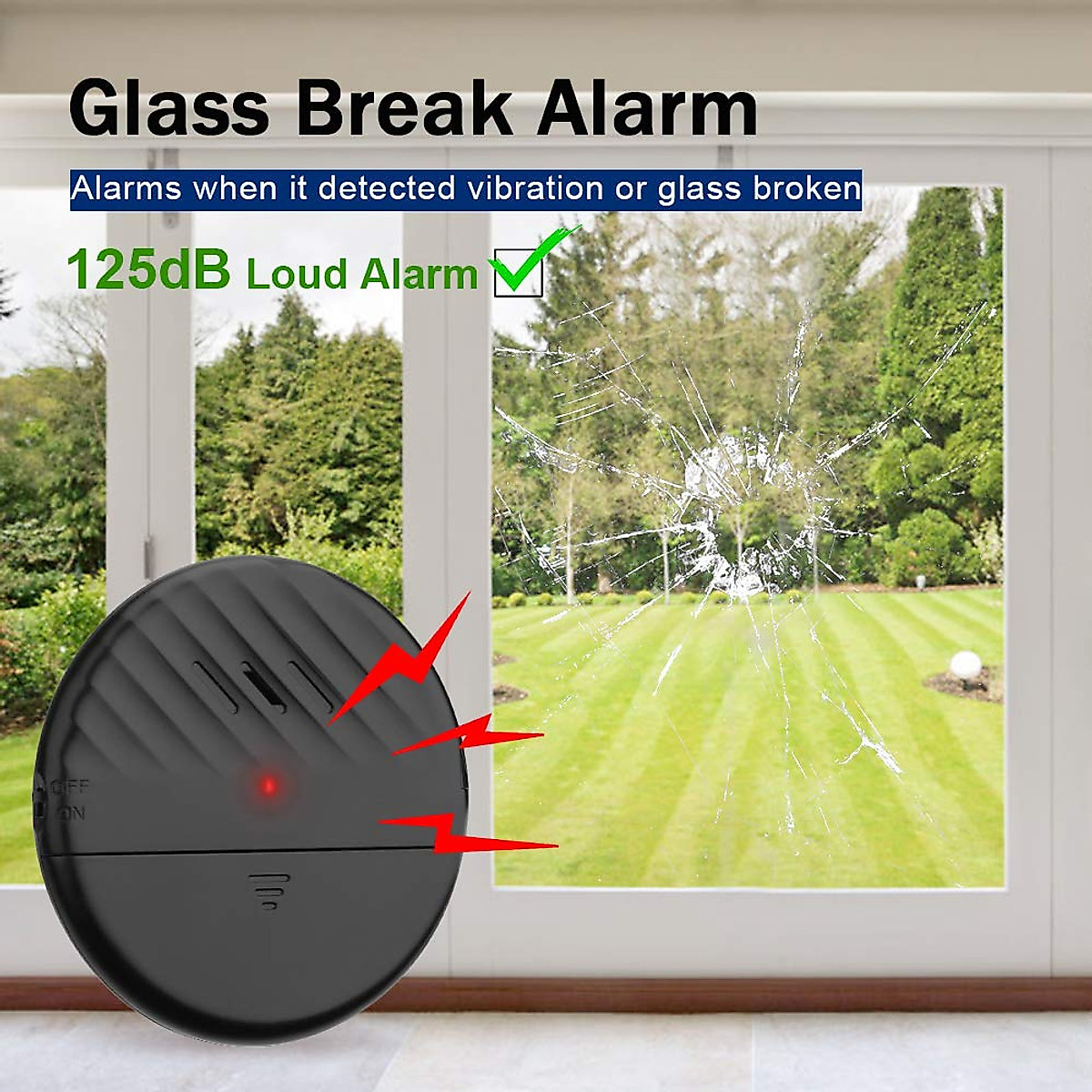 WSDCAM Window Alarm Glass Break Sensor Alarm 125dB Ultra-Slim Glass Break Detector Anti-Theft Vibration Sensor Alarm for Home Door and Window Security - 4 Pack - Black