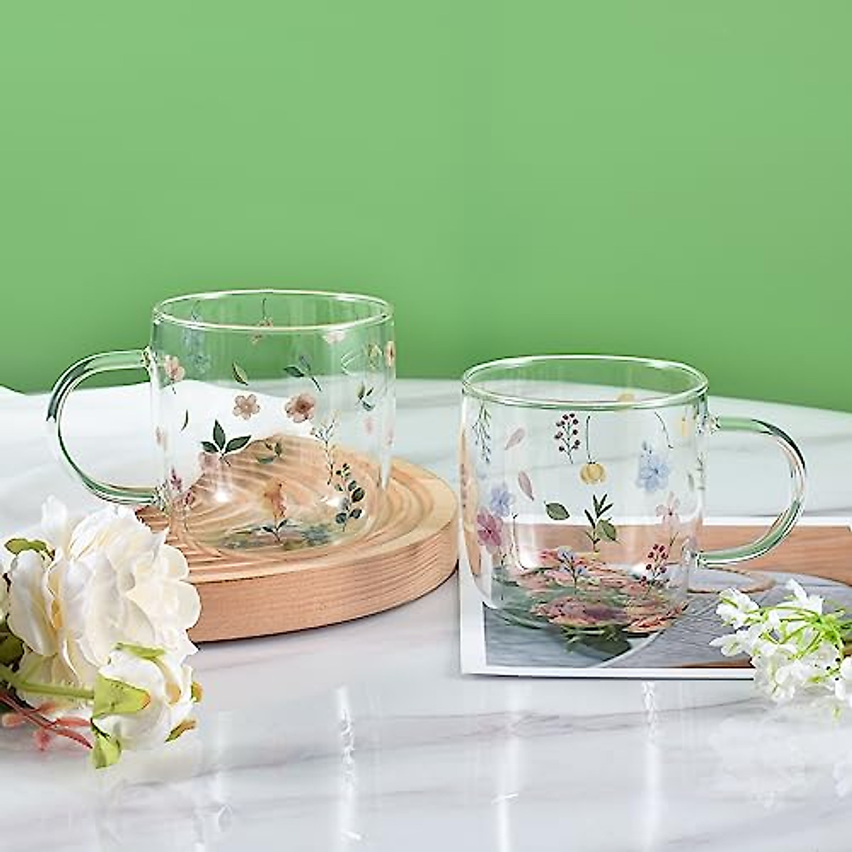 Koythin Flowers Coffee Glass Mug, Cute Espresso Cup, Drinking Glasses Breakfast Cups with Handle, 12oz Perfect for Coffee Juice Tea Latte Cappuccino (Green Leaf Pink Flower)