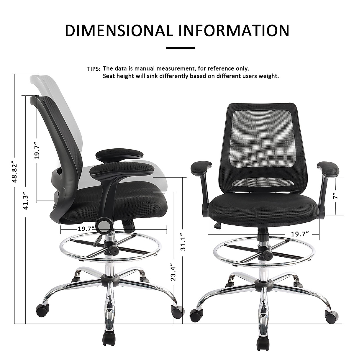 Drafting Chair, Height Adjustable Tall Office Chair, Standing Desk Chair with Adjustable Foot Ring and Flip-Up Arms, Black