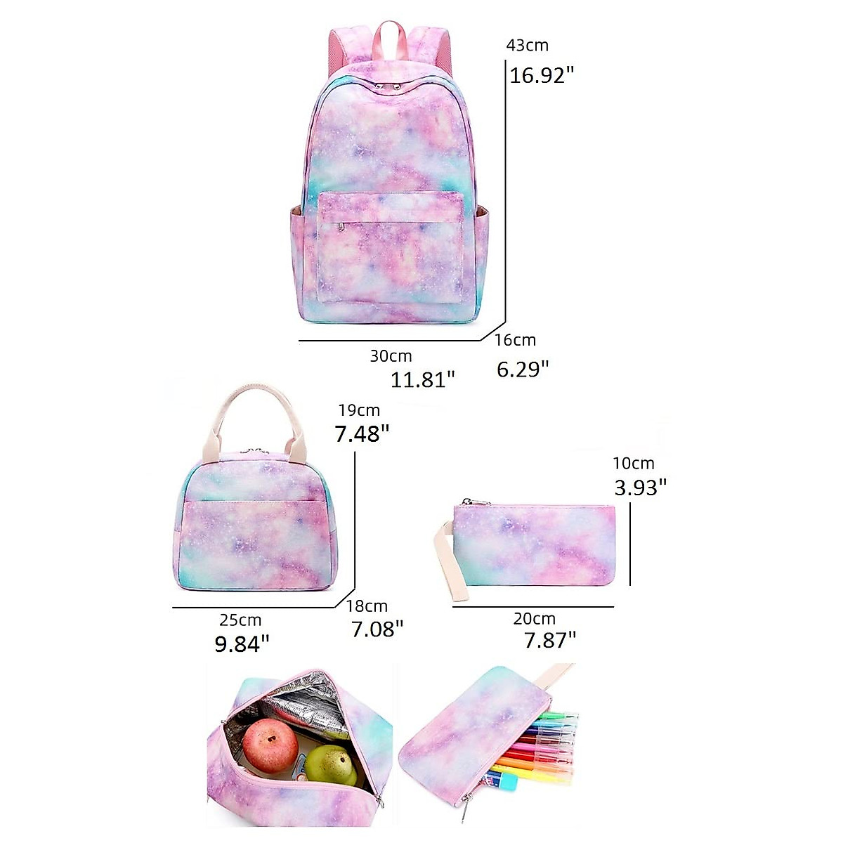 Galaxy Prints 3Pcs Girls Backpack Set Preschool School Bag for Toddlers with Lunch Box Teens Bookbag for School