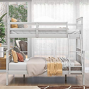 Majnesvon Twin Over Full Bunk Bed Frame with Ladder, Solid Wood Bunk Beds Loft Bed Frame Twin Over Full Size with Guardrail, Can Be Separated Into Twin/Full Size Bed, No Box Spring Needed (White)