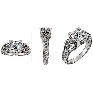 Central Diamond Center Asscher Cut Engagement Ring, Pure Brilliance Cubic Zirconia, Vintage Look - Platinum Plated - Size 9