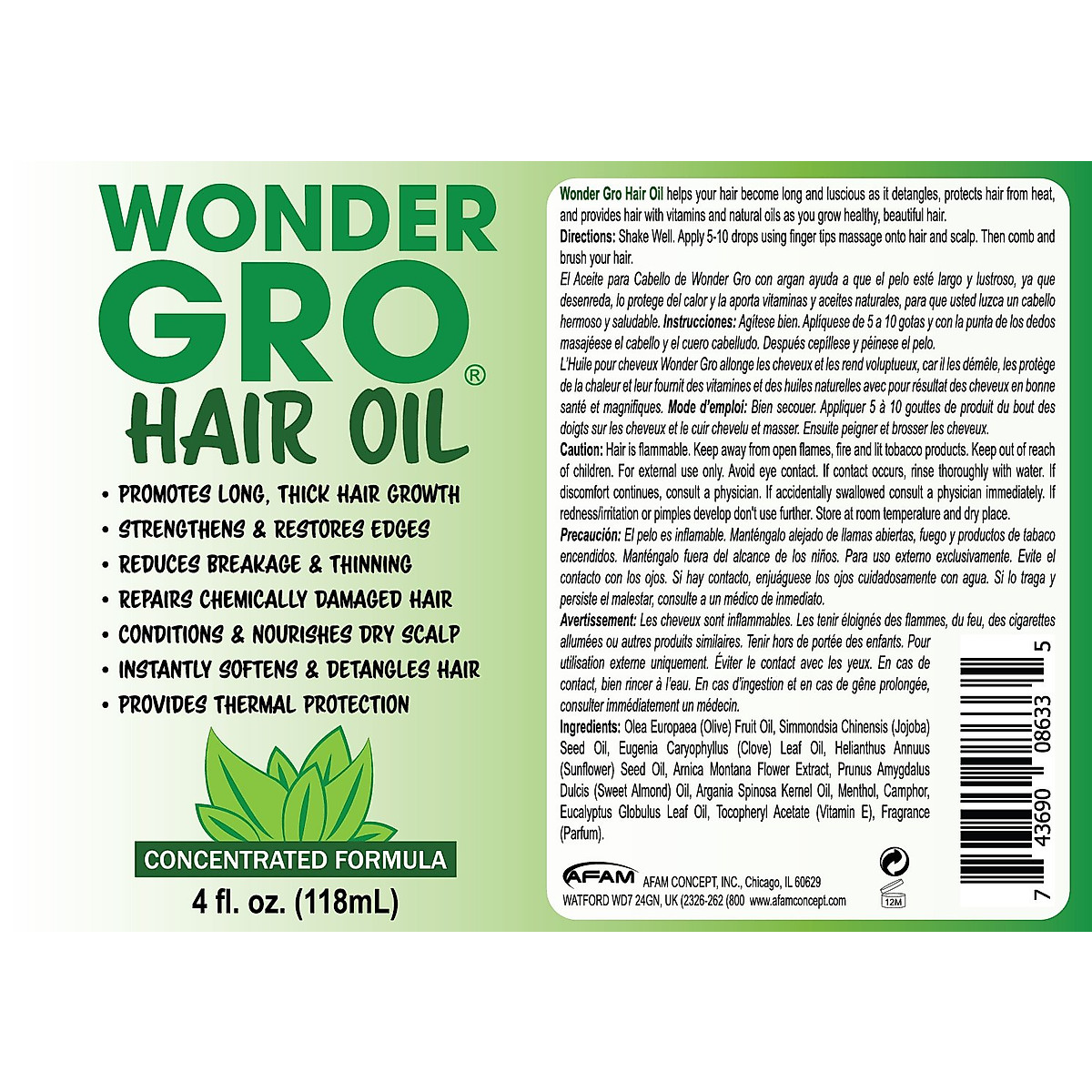 Wonder Gro Hair Growth Oil & Thermal Protection, 4 fl oz - Strengthens & Restores Edges