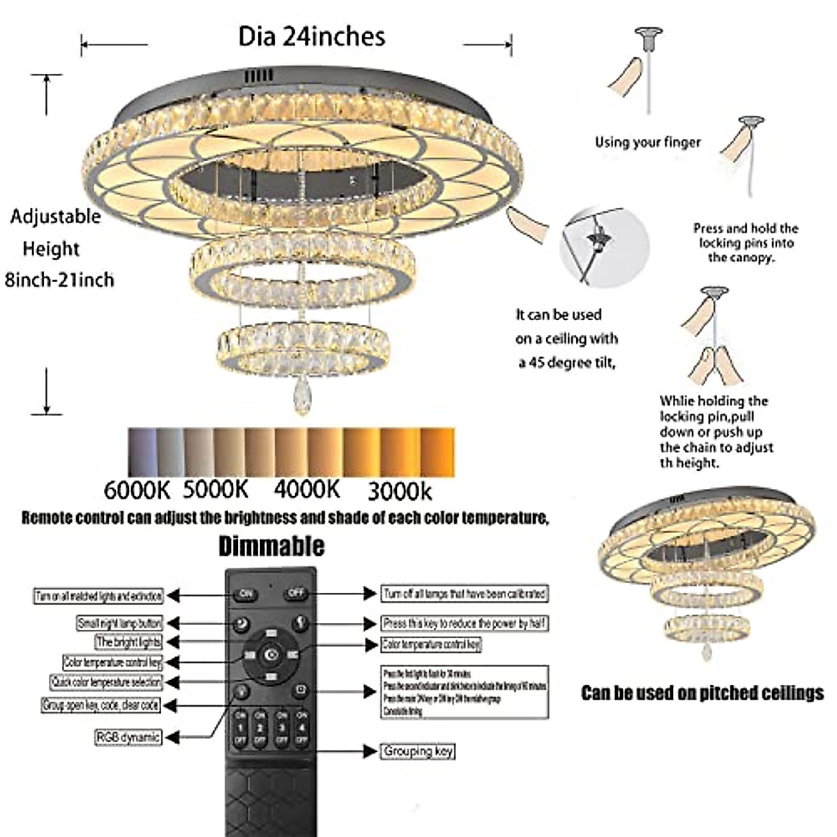 W24'' Modern Crystal Chandeliers Living Room Crystal Ceiling Chandeliers Crystal 3 Ring Pendant light Chandeliers Dining Round Fixture Bedroom Empire Remote Dimmable LED (3000K-6000K) Fixtures
