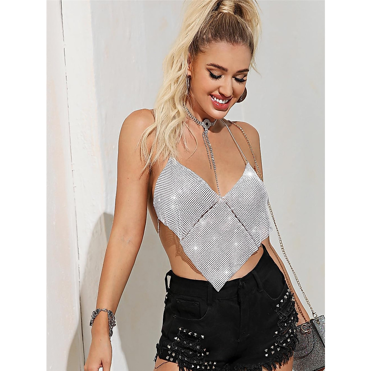 VEINTI+1 Body Chain Sparkly Lime Silver Lingerie Rhinestone Fringe Halter Top Chain Jewelry Metal Crystal Bralette Chain for Women