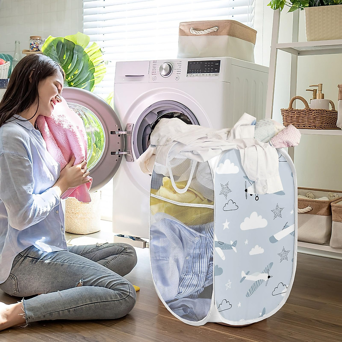 Airplane Blue Laundry Basket Hamper,Collapsible Mesh Baskets for Kids Room,Clothes, Nursery Decor