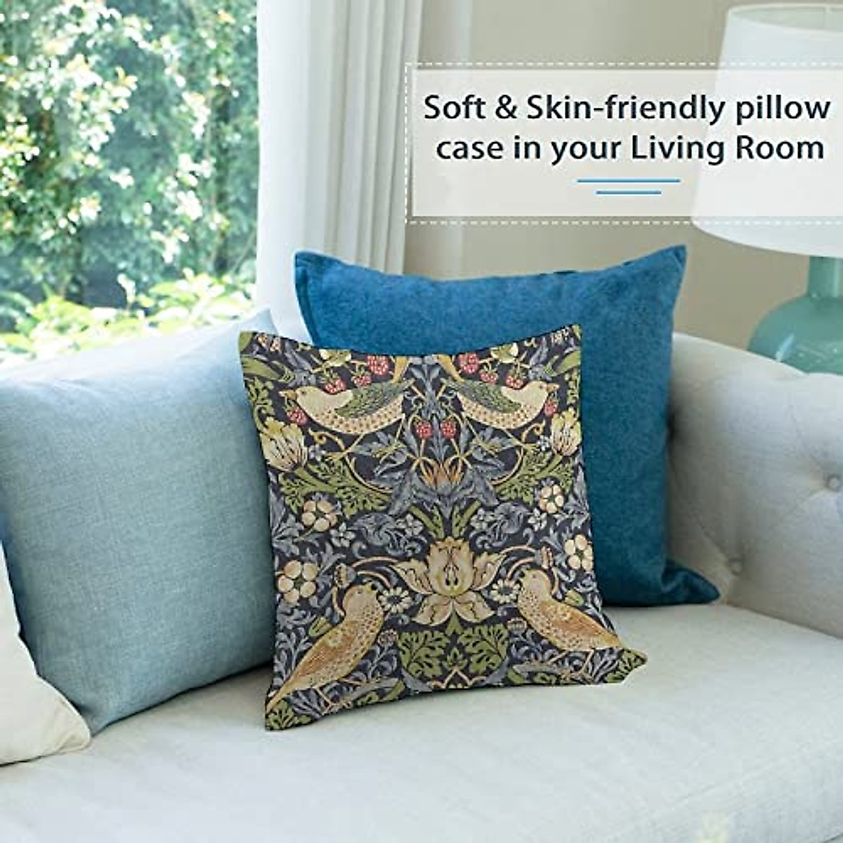 Nebra William Morris Strawberry Thief Original Throw Pillow Covers Cozy Square Throw Pillowcases Home Decor for Bed Couch Sofa Living Room Cushion Cover 18"X18"