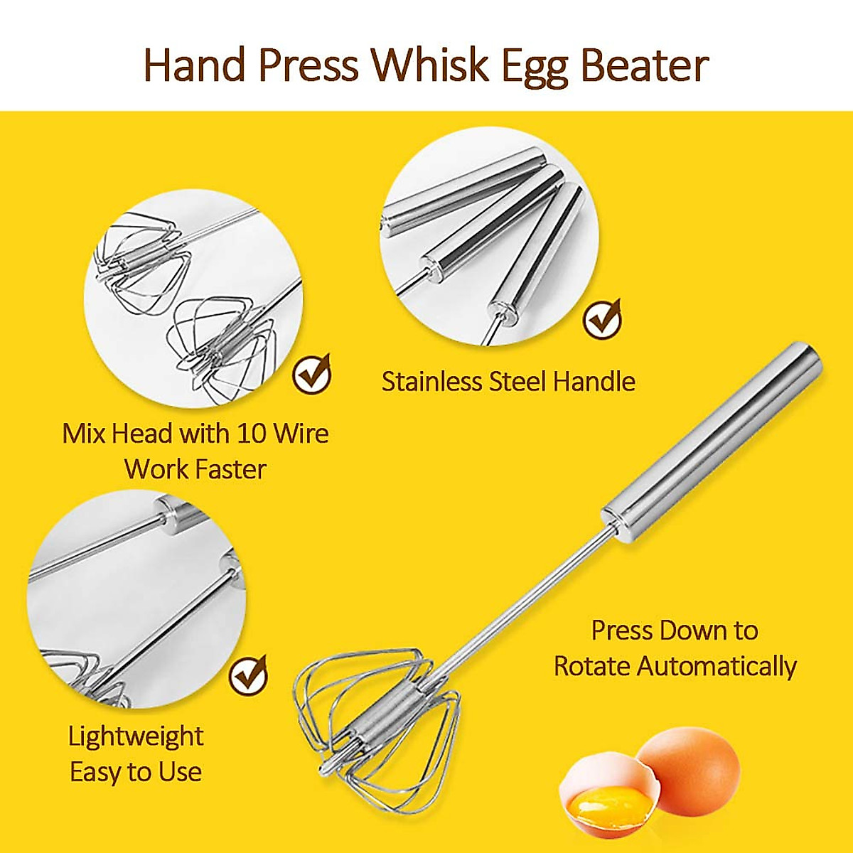 Stainless Steel Hand Push Egg Beater Mixer Home Kitchen Whisk Milk Frother Cooking Utensils Gadgets Blending Beating Stirring Semi Automatic Tool (1Pcs-Length 12, 35-Stainless)