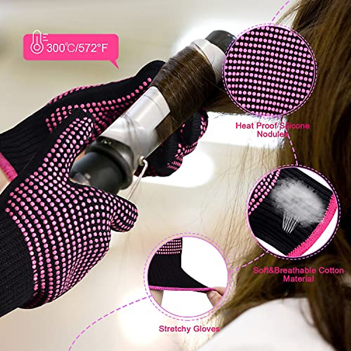ARRITZ 2Pcs Heat Gloves for Hair Styling, Professional Curling Iron Gloves with Heat Resistant Silicone Mat Pouch, 6pcs Hair Clips, 2pcs Combs