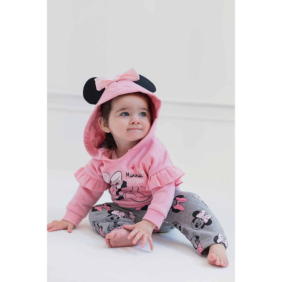 Disney Minnie Mouse Infant Baby Boys or Girls 3 Piece Outfit Set: Pants Bodysuit Hoodie Grey/Pink 18 Months