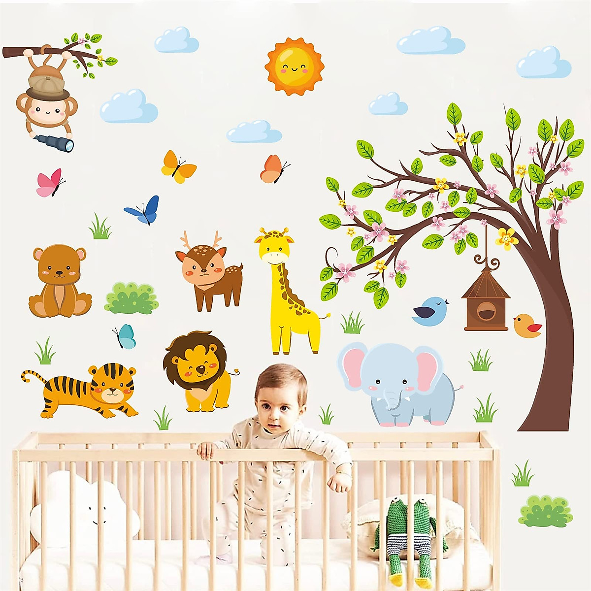 Jungle Animal Wall Decals Cartoon Tree Animal Wall Stickers Forest Animal Wall Decals Peel and Stick Elephant Woodland Animal Wall Decal for Girl Boy Room Kids Baby Room Nursery Playroom Bedroom Decor