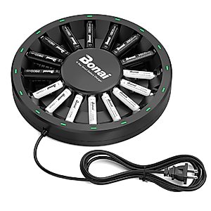BONAI 16 Bay Battery Charger AA AAA with Rechargeable AA Batteries and Rechargeable AAA Batteries, Ni-Mh Rechargeable Batteries with Charger(Round-Design)