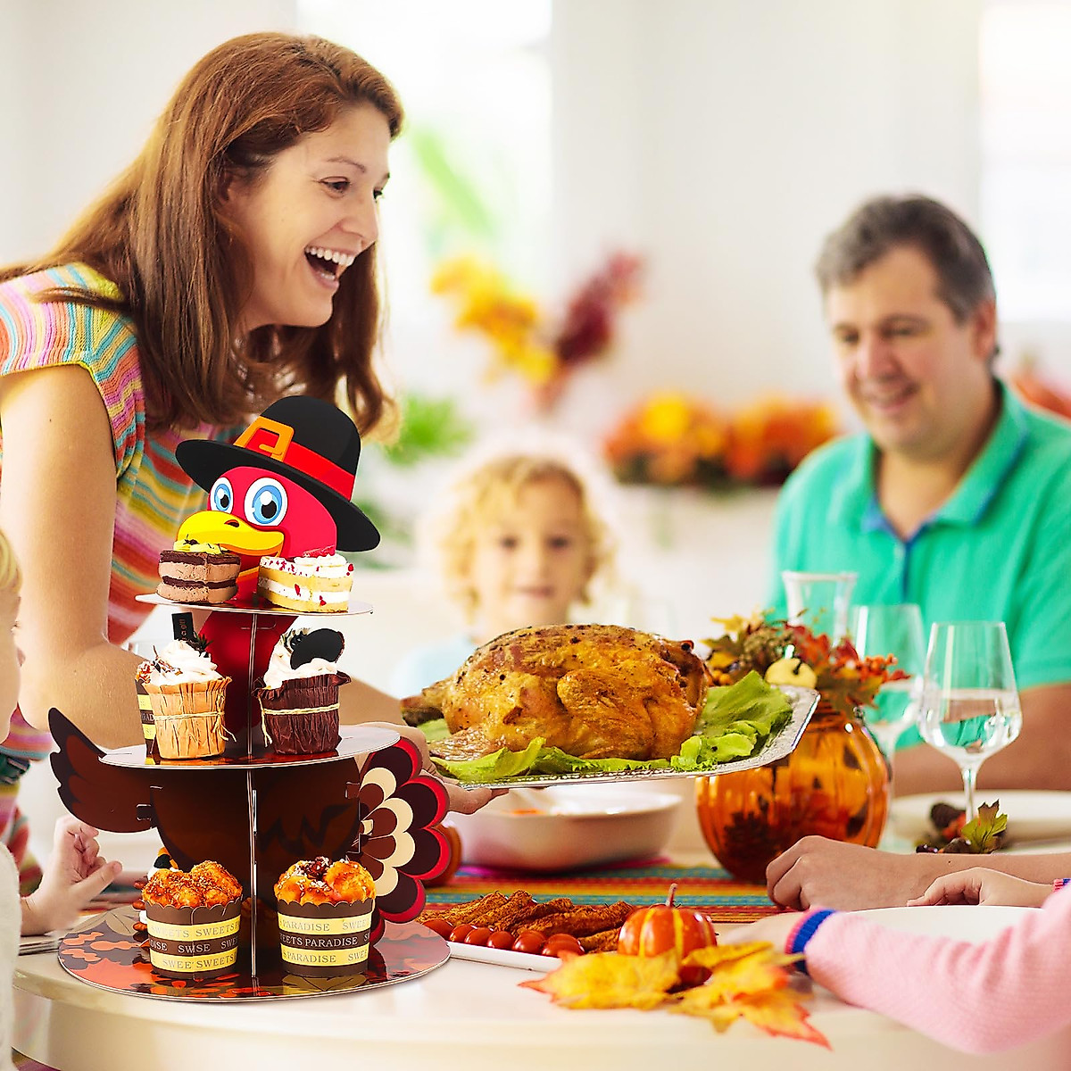 Uiifan Thanksgiving Day Cupcake Stand 3 Tiers Turkey Maple Leaf Cardboard Cake Dessert Holder Tower Cookie Trays for Fall Autumn Thanksgiving Decorations Party Supplies