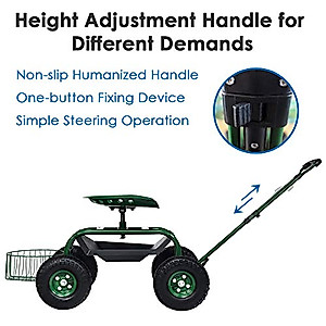 Goplus Garden Cart Gardening Workseat w/Wheels, Patio Wagon Scooter for Planting, Work Seat with Tool Tray and Basket (Length Adjustable Handle)