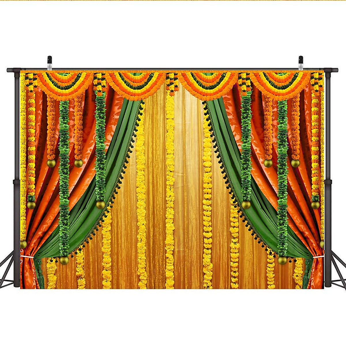 Lofaris India Pooja Photography Backdrop Puja Ganpati Pooja Traditional Mehndi Festival Background Diwali Decorations Wedding Party Marigold Garlands Photo Props 7x5ft