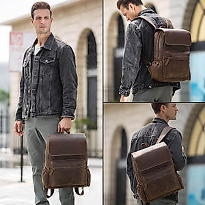 Vintage Full Grain Leather 15.6 Inch Laptop Backpack for Men Casual Travel Work Bag Bookbag Daypack with YKK Zipper Brown, Large