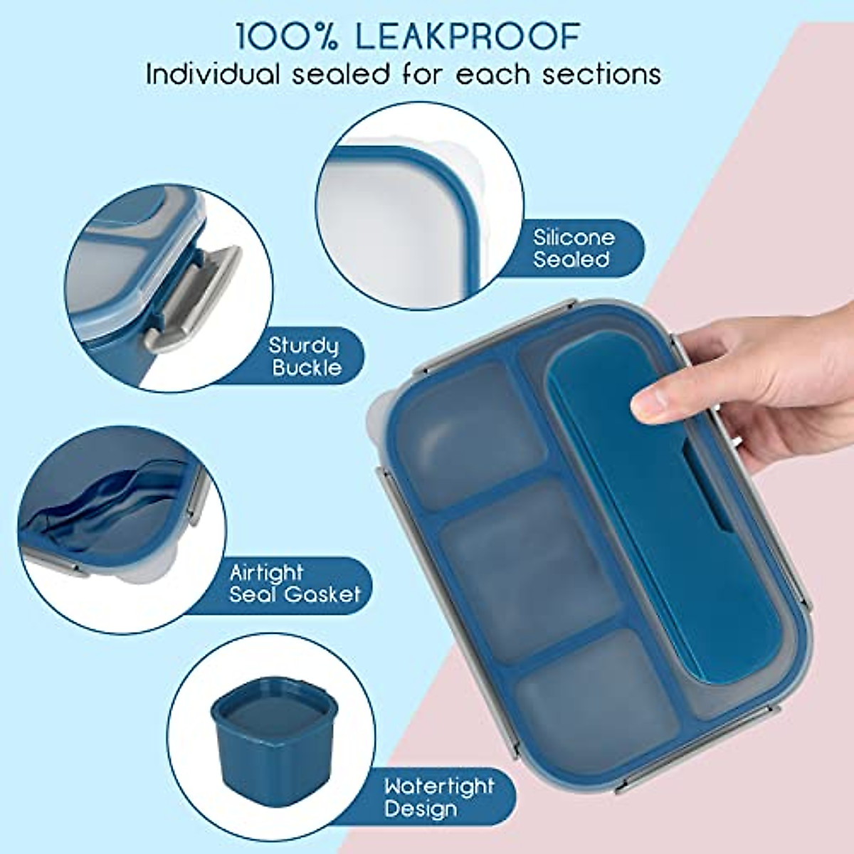 Lunch Box Kids, Bento Box Adult Lunch Box, Lunch Containers for Adults Kids Toddler, 1300ML-4 Compartment Bento Lunch Box w/ Food Picks Cake Cups, Microwave/Dishwasher/Freezer Safe, BPA Free (Blue)