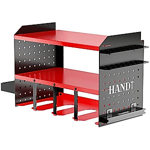 HANDT Power Tool Organizer, Wall Mount Drill Holder Garage Storage Rack, Pegboard Screwdriver Holder with Magnet Bar & Organization Bin, Cordless Drill Battery Charging Station Utility Shelf, Red