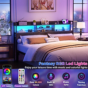 Unikito Headboard for King Size Bed with Storage Shelf, Head Board with 3 Outlets and 2 USB Ports, Headboards with RGB LED Light, Height Adjustable, Sturdy and Stable, Easy Assembly, Black Oak