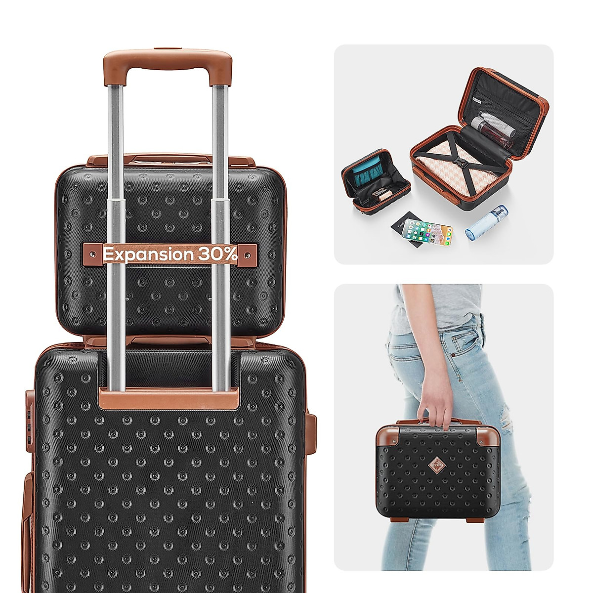 Joyway Carry on Luggage 20 Inch Suitcase Set 3 Piece with Spinner Wheels,Hardside Carry on suitcase 22x14x9 Airline Approved with Combination Lock(20-Inch, Black Brown)