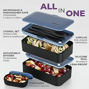 Bentoheaven Premium Bento Lunch Box with Insulated Lunch Bag - Includes Sauce Cup, Divider, Cutlery & Chopsticks - Made of Oxford Fabric