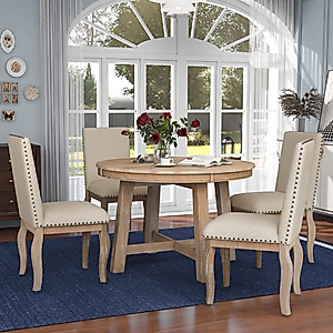 Bellemave Round Dining Table Set for 4, 5 Piece Extendable Round Kitchen Table and Chairs, Wood Round Table with 4 Upholstered Chairs for Dining Room, Dinette, Breakfast Nook, Natural Wood Beige