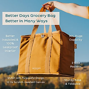 Reusable Insulated Grocery Bag - Leak Proof, Large Insulated Cooler Bag - Insulated Shopping Bags for Groceries - Travel Cooler Bag for Frozen and Hot Food with Zippered Top - Beach, Picnic (Caramel)