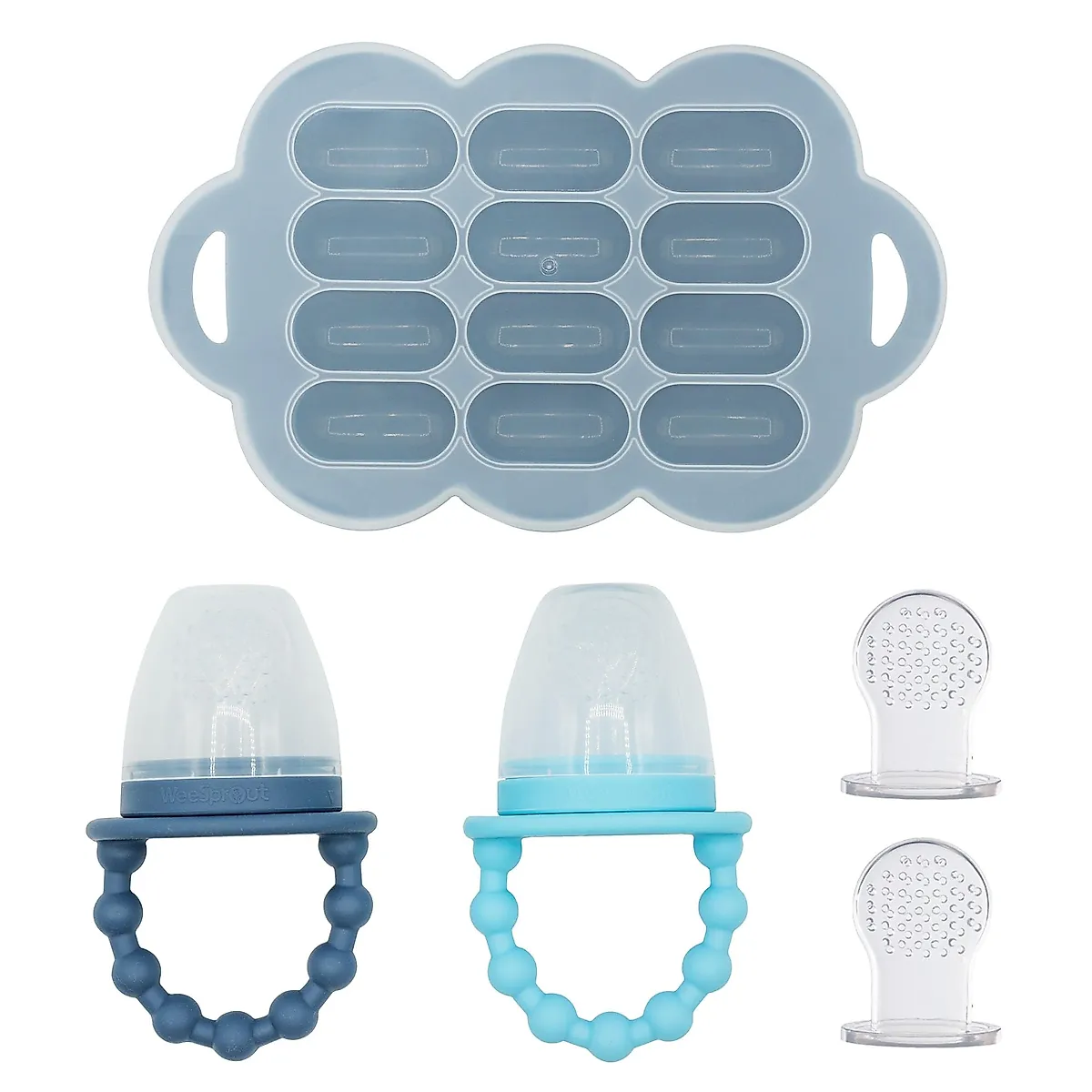 WeeSprout Silicone Baby Food Feeders + Freezer Tray for Batch Prep, Set of 2, Introduce New Foods Safely, Double as Teething Toys, Includes 2 Extra Pouches & Travel Lids, Dishwasher Safe