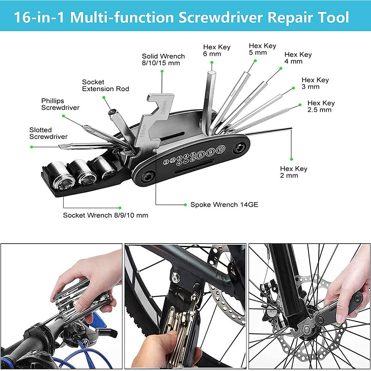 AaiLucky Bike Repair Tool Kit with Mini Bicycle Pump, Bicycle Saddle Bag with Tail Light, 16-in-1 Bike Multitool, Bicycle Tire Repair Kit for Road MTB Bikes, Large Capacity Bike Set Pack Bag